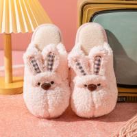 China new arrival rabbit hair PVC sole slippers winter cartoon house indoor thick soled plush shoes women fluffy grid pattern slipper for sale