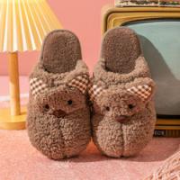 China new arrival rabbit hair PVC sole slippers winter cartoon house indoor thick soled plush shoes women fluffy grid pattern slipper for sale