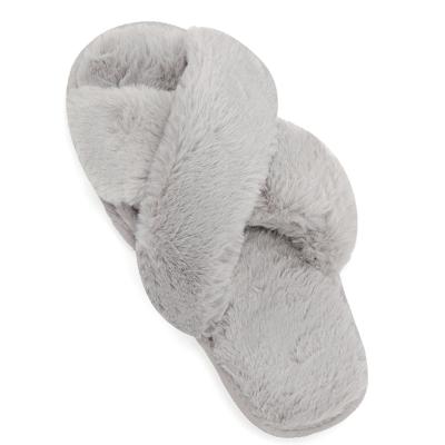 China Women  solid color open toe home  slippers Warm Cross Soft Plush Furry Faux Fur house shoes slippers for sale
