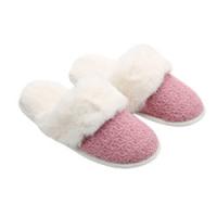 China Womens pink  Slip On Faux Fur Warm Winter Fluffy knitted Comfy house indoor Slippers for sale