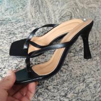 China New style square toe PU sandals female heels shoes non-slip women slippers slides fashion out wear high heel flip flops for sale