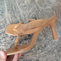 China New style square toe PU sandals female heels shoes non-slip women slippers slides fashion out wear high heel flip flops for sale