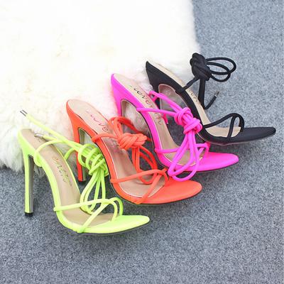 China New design candy color flip flops Square Toe Pink Lace Up heeled sandals 2022 hot selling high Heels shoes For Women for sale