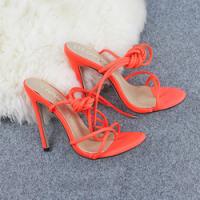 China New design candy color flip flops Square Toe Pink Lace Up heeled sandals 2022 hot selling high Heels shoes For Women for sale