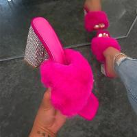 China 2022 New Design solid color Rhinestone Heeled plush upper Sandals Chunky Heels large size shoes Women high heels for sale