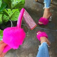 China 2022 New Design solid color Rhinestone Heeled plush upper Sandals Chunky Heels large size shoes Women high heels for sale
