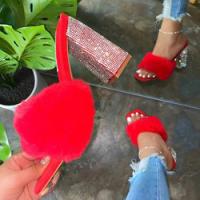 China 2022 New Design solid color Rhinestone Heeled plush upper Sandals Chunky Heels large size shoes Women high heels for sale