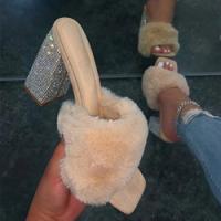 China 2022 New Design solid color Rhinestone Heeled plush upper Sandals Chunky Heels large size shoes Women high heels for sale