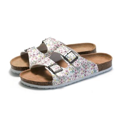 China 2021 summer women new double-button casual cork slippers with Flower pattern leather patchwork rubber white platform sandal for sale