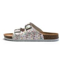 China 2021 summer women new double-button casual cork slippers with Flower pattern leather patchwork rubber white platform sandal for sale