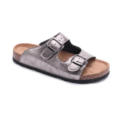 China New fashion metal PU leather beach sandals with soft rubber for women summer lady soft wood soles shoes rubber slide sandals for sale