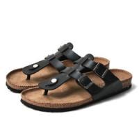 China New Design Black Unisex Slides Sandals PU Leather Double Strap Flat Soft Cork Sandals slippers for men rubber for sale
