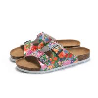 China American hot sale New design high quality summer women Pattern Printing Double Buckle Cork Slipper floral sandals for sale