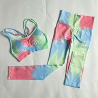 China 2022 new custom loungewear summer tie dye women sport bra and joggers leggings two-piece training Wear for sale