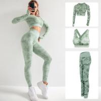 China Factory Custom 3 Pcs Women Sports Wear Sets Camouflage Seamless Breathable Bra and long sleeve crop top and Legging yoga wear for sale
