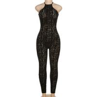 China In stock Night Club Women lace-up Black Mesh yarn Tight Jumpsuit fitness Rompers two pieces Yoga set Training Wear for sale