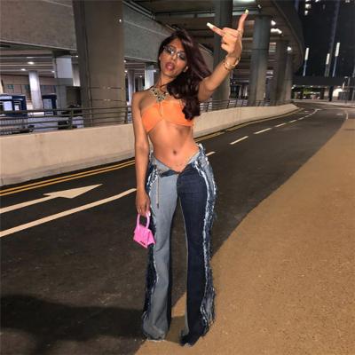 China 2021 Summer Women's New Fashion Contrast Color yoga pant Street Shooting Tasseled High Waist Casual Sports Denim Trousers for sale