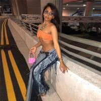 China 2021 Summer Women's New Fashion Contrast Color yoga pant Street Shooting Tasseled High Waist Casual Sports Denim Trousers for sale