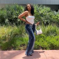 China 2021 Summer Women's New Fashion Contrast Color yoga pant Street Shooting Tasseled High Waist Casual Sports Denim Trousers for sale