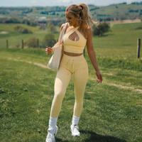 China 2021 summer new women's yoga suit solid color sexy suspenders crossover two pieces vest and tight trousers set for sale