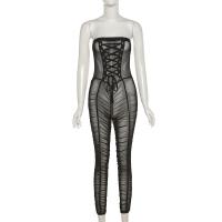 China 2021 summer women's new fashion sexy solid color low-necked gauze see-through streetwear high-waist tight bandage jumpsuit for sale