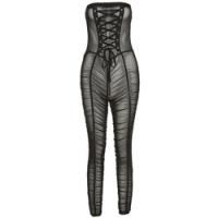 China 2021 summer women's new fashion sexy solid color low-necked gauze see-through streetwear high-waist tight bandage jumpsuit for sale