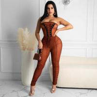 China 2021 summer women's new fashion sexy solid color low-necked gauze see-through streetwear high-waist tight bandage jumpsuit for sale
