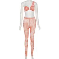 China 2021 summer European and American style new women's net yarn gym wear tie-dye printing sexy one-shoulder casual sports suit for sale
