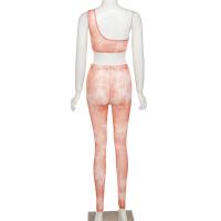 China 2021 summer European and American style new women's net yarn gym wear tie-dye printing sexy one-shoulder casual sports suit for sale