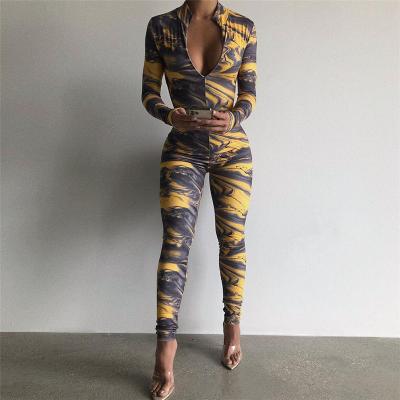 China hot sales ladies printed front zipper stand collar long sleeve gym wear high waist and tight sportswear one piece Jumpsuit for sale
