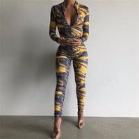 China hot sales ladies printed front zipper stand collar long sleeve gym wear high waist and tight sportswear one piece Jumpsuit for sale