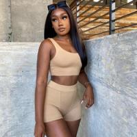 China 2021 women sleeveless slim crop top and yoga pant two pieces sports suits sexy high waist shorts fitness clothes in stock for sale