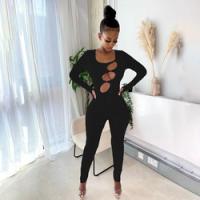 China new the autumn women long sleeve gym wear high waist and sexy hollowed-out tight sportswear one piece casual jumpsuits for sale