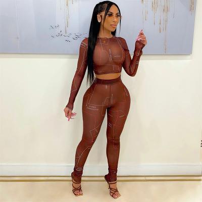 China 2021 Autumn women Long Sleeve sexy Print Mesh Crop top 2 Piece sport suit See Through tight sports sets leisure Tracksuit for sale