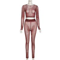 China 2021 Autumn women Long Sleeve sexy Print Mesh Crop top 2 Piece sport suit See Through tight sports sets leisure Tracksuit for sale