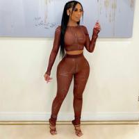 China 2021 Autumn women Long Sleeve sexy Print Mesh Crop top 2 Piece sport suit See Through tight sports sets leisure Tracksuit for sale