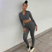 China Autumn women's new  solid color long sleeve Crop Top sportswear high waist and butt lift long trousers ladies sports suit for sale