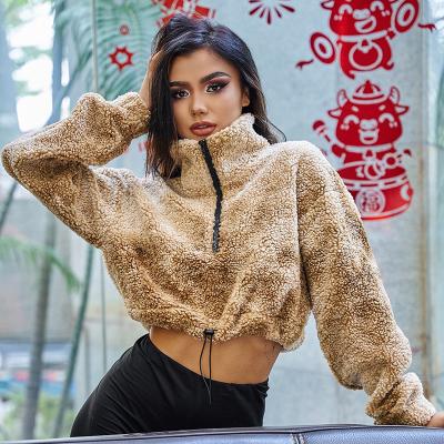 China 2021 winter ladies sports sexy crop tops Draw string short coat stand collar pullover slim leisure clothing warm streetwear for sale