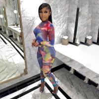 China wholesale ladies long sleeve gym wear sexy net yarn perspective printing tight sportswear casual two-piece  jumpsuit for sale