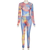 China wholesale ladies long sleeve gym wear sexy net yarn perspective printing tight sportswear casual two-piece  jumpsuit for sale