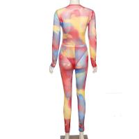 China wholesale ladies long sleeve gym wear sexy net yarn perspective printing tight sportswear casual two-piece  jumpsuit for sale