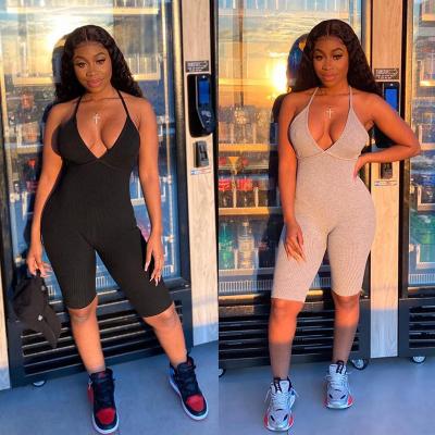 China women strapless sports set skinny yoga set bodysuit solid color backless fitness clothing deep V-collar  jumpsuit for sale