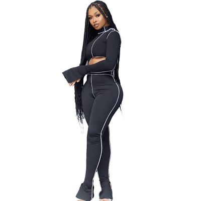 China women black striped sportswear long sleeves crop top 2 pieces irregular sports set for sale