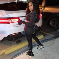 China women black striped sportswear long sleeves crop top 2 pieces irregular sports set for sale