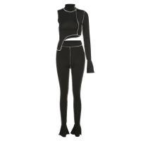 China women black striped sportswear long sleeves crop top 2 pieces irregular sports set for sale