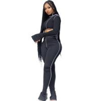 China women black striped sportswear long sleeves crop top 2 pieces irregular sports set for sale