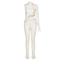 China women black striped sportswear long sleeves crop top 2 pieces irregular sports set for sale
