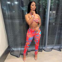 China 2021 new summer sexy halter tops 2 pieces women yoga set with long pant casual printed sportswear ladies workout fitness clothes for sale