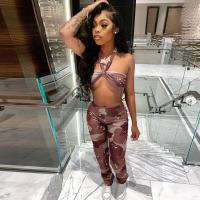 China 2021 new summer sexy halter tops 2 pieces women yoga set with long pant casual printed sportswear ladies workout fitness clothes for sale