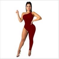 China Latest Design solid Color Sexy Womens Sleeveless one shoulder Rompers One Piece Plus Size Asymmetry Bodycon Jumpsuit for sale